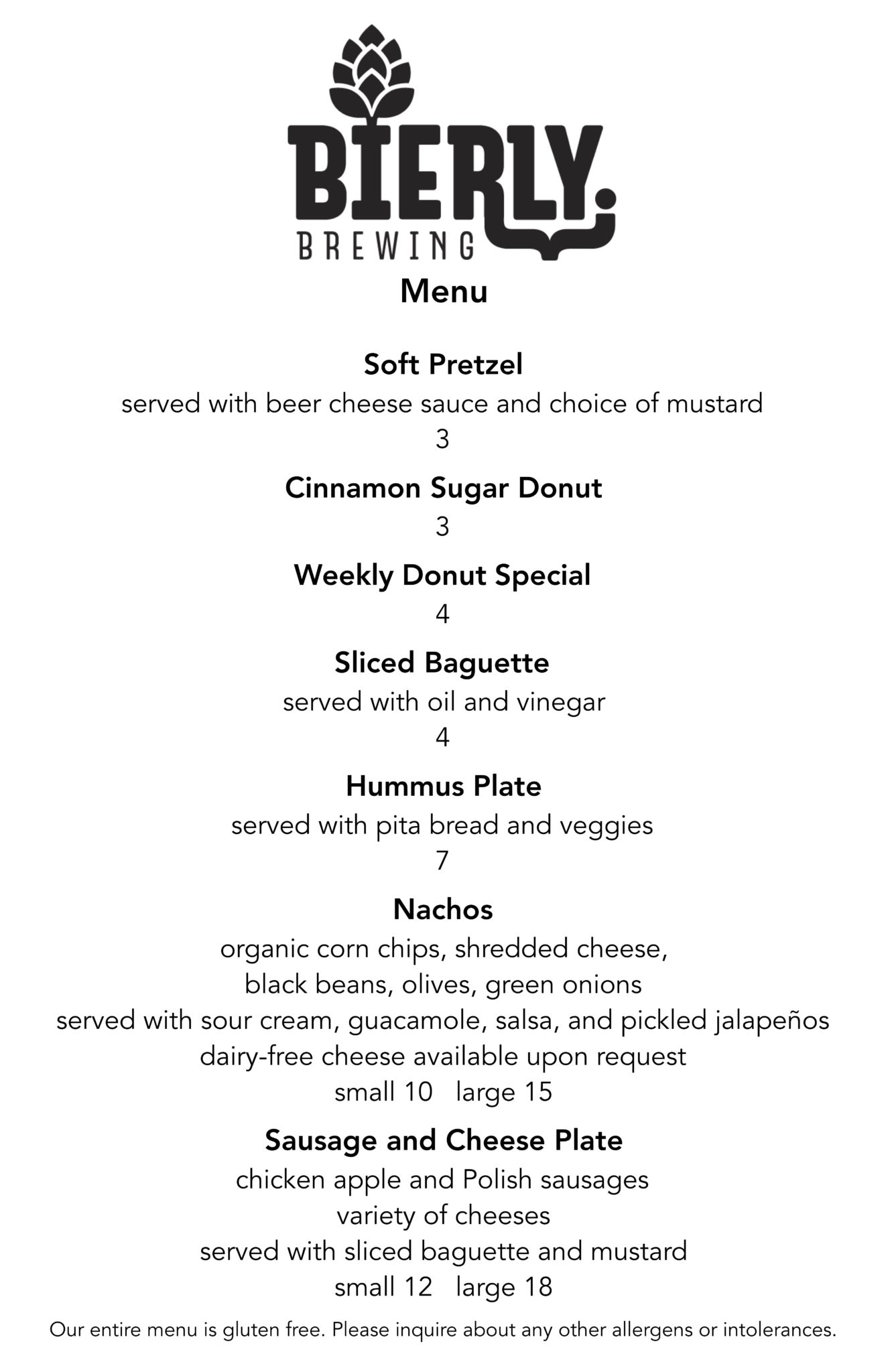 Bierly Brewing Menu